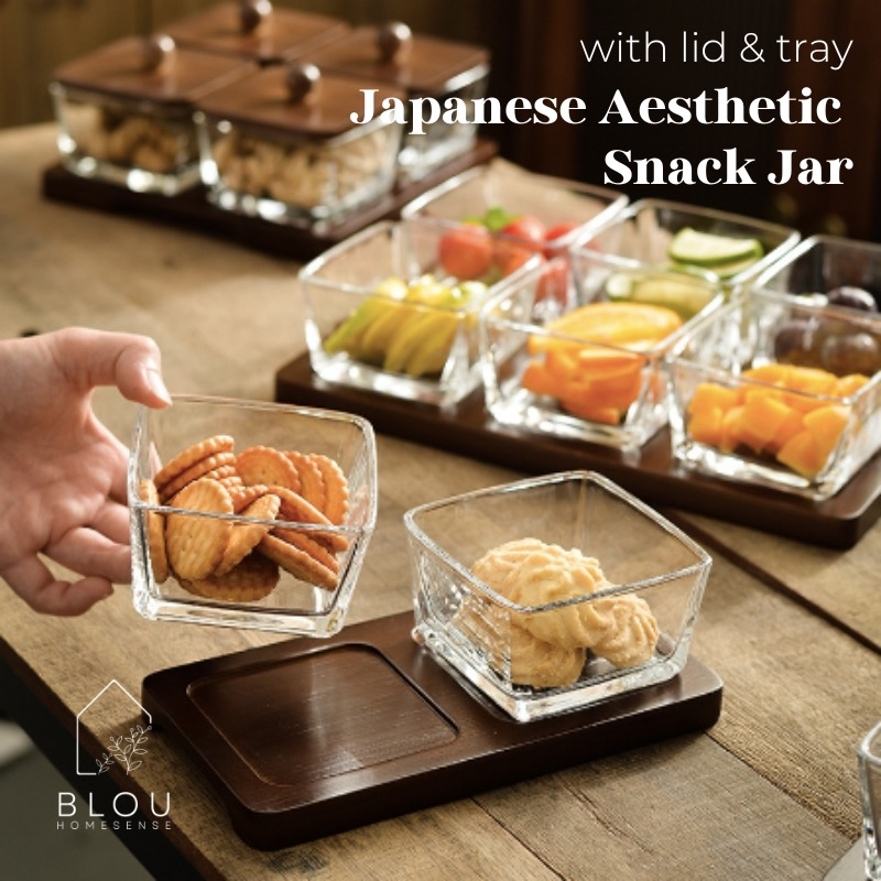 Jual Blou Snack Candy Jar Toples Kaca Persegi Dengan Tutup Tray Wooden ...