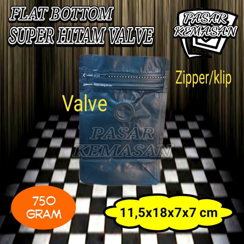 Jual FLAT BOTTOM SUPER HITAM VALVE 250 GRAM ZIPPER KEMASAN KOPI-BUBUK ...