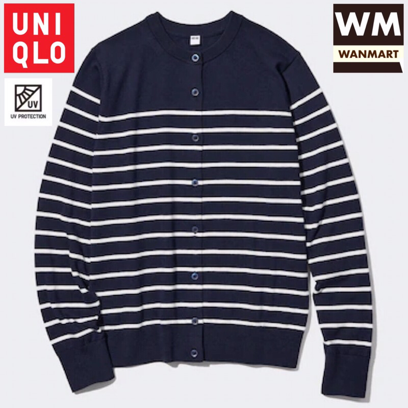 Jual UNIQLO Women Cardigan Garis Wanita UV Protection Crew Neck Navy ...