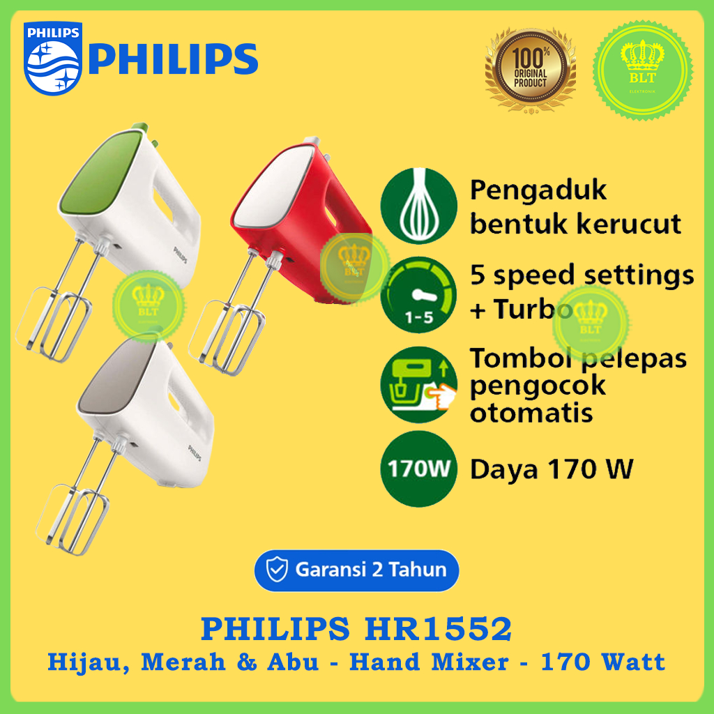 Jual PHILIPS HR1552 Hand Mixer 170 Watt Pengocok Telur, Pengocok Adonan ...