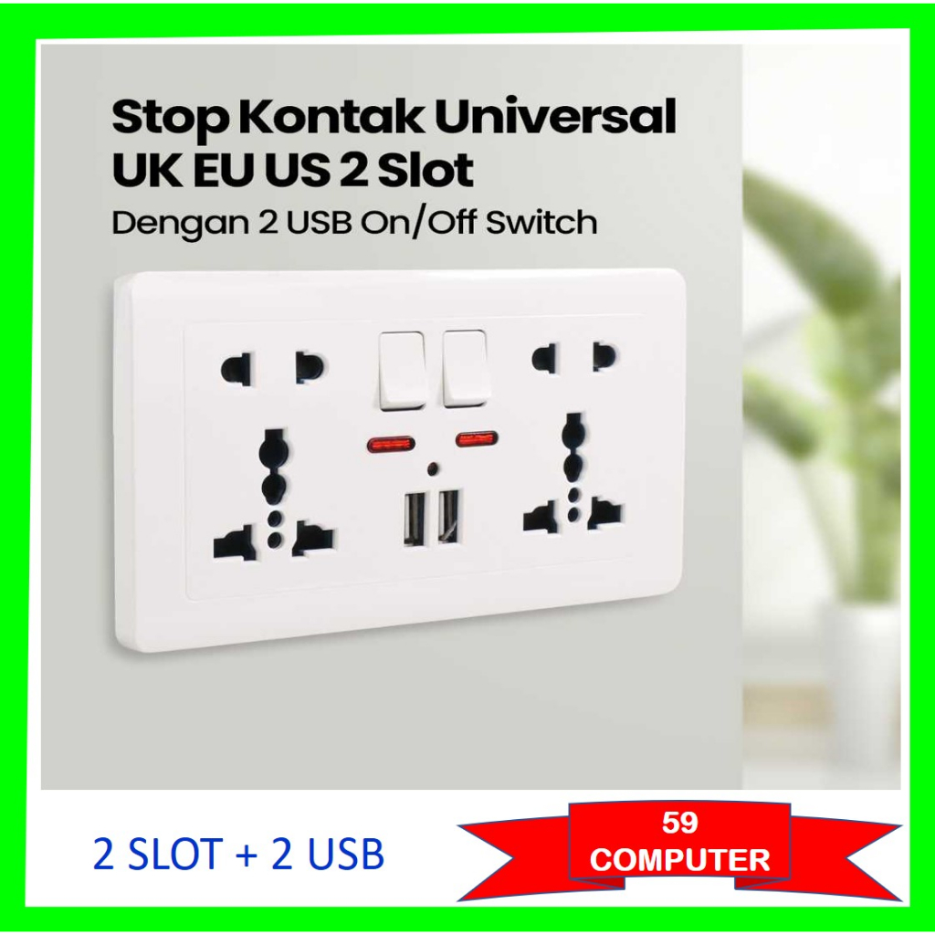 Jual Stop Kontak Soket Universal UK EU US 2 Slot With 2 Port charger ...