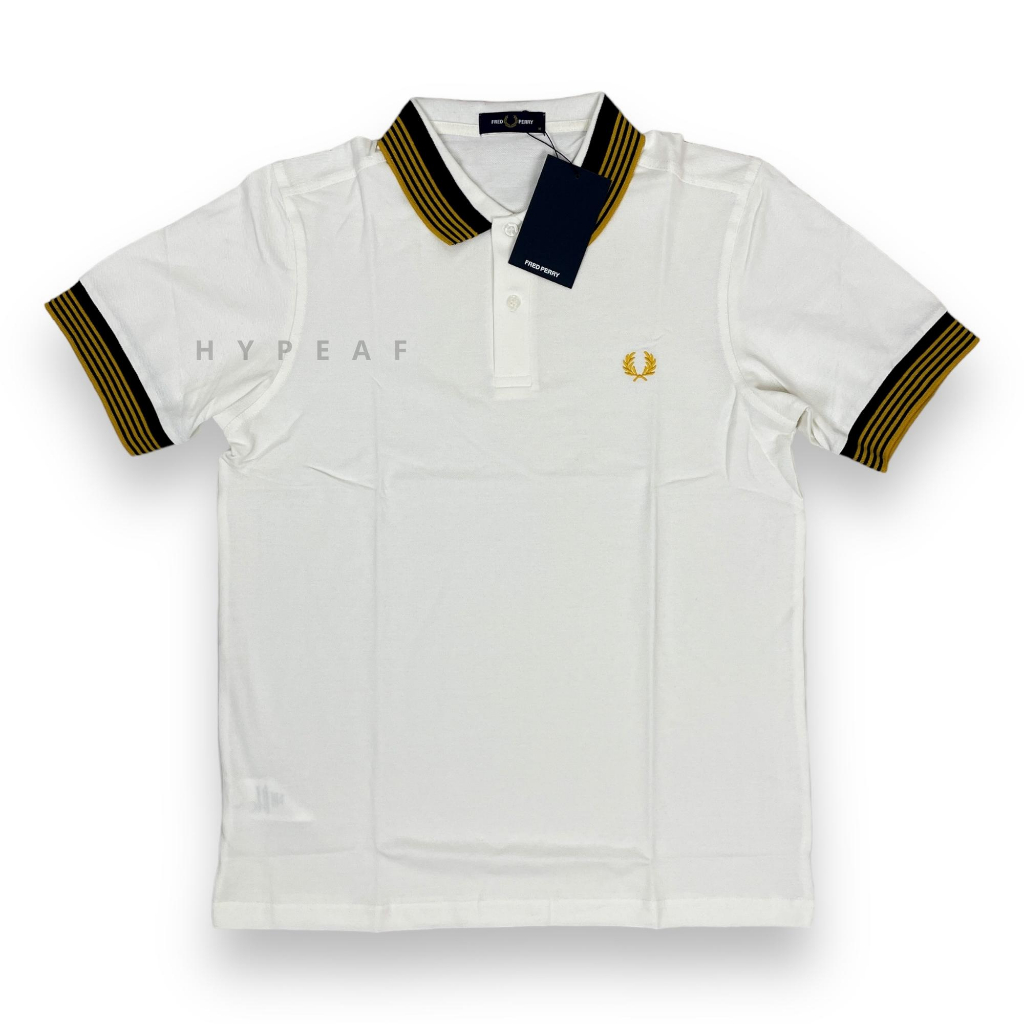Jual FRED PERRY White Polo Shirt - Black and Orange Striped Collar ...