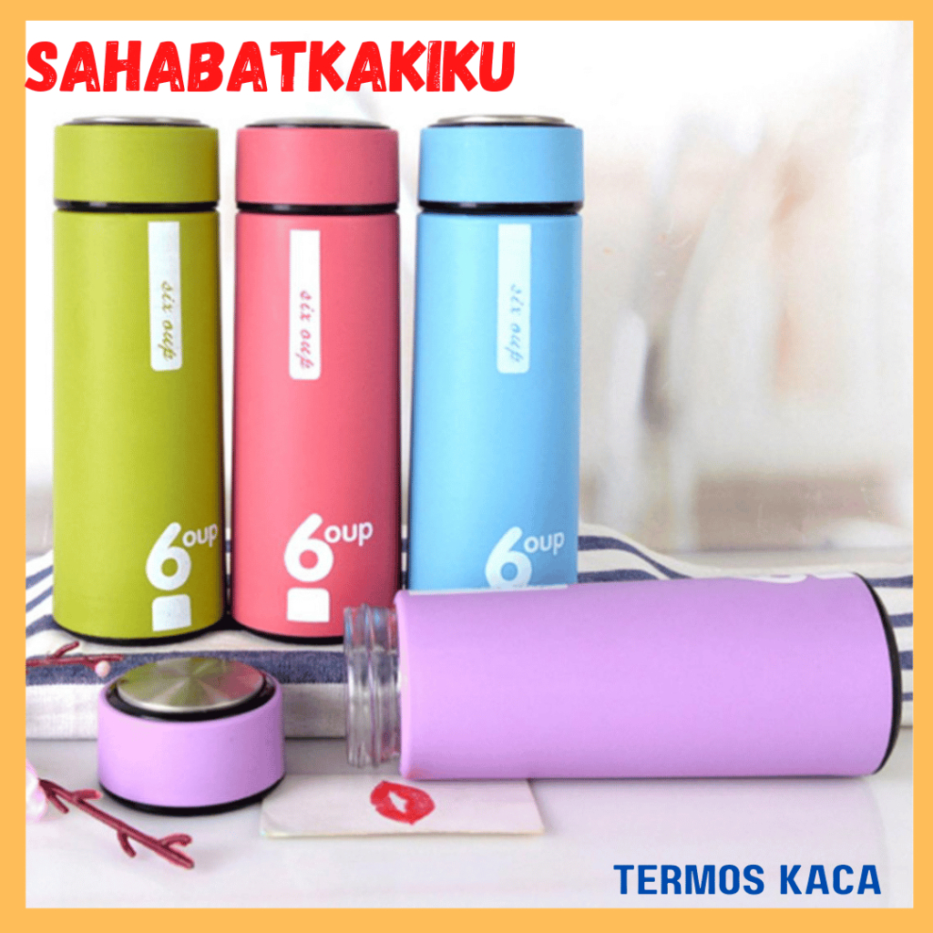 Jual Botol Minum Kaca Six Oup 450ml Beling Cover Plastik 6oup Logo / Souvenir Pernikahan Termos ...