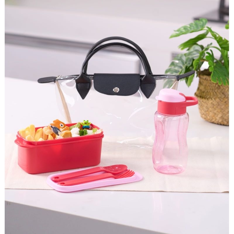 Jual Tas bekal transparan dengan kotak makan botol free sendok garpu set | Shopee Indonesia