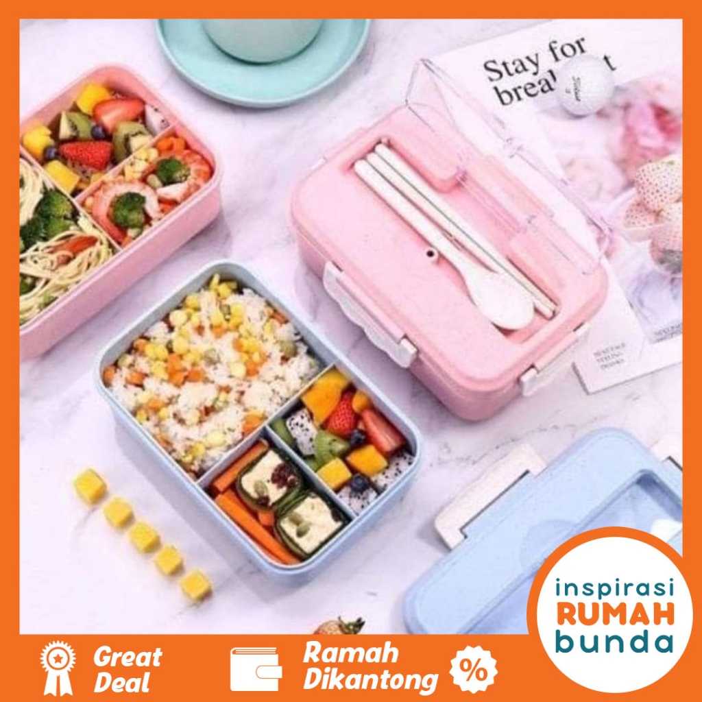 Jual Lunch Box Set Tempat Kotak Bekal Makan Jerami Gandum Kotak Makan 1000 ml 4 in 1 Free BPA ...