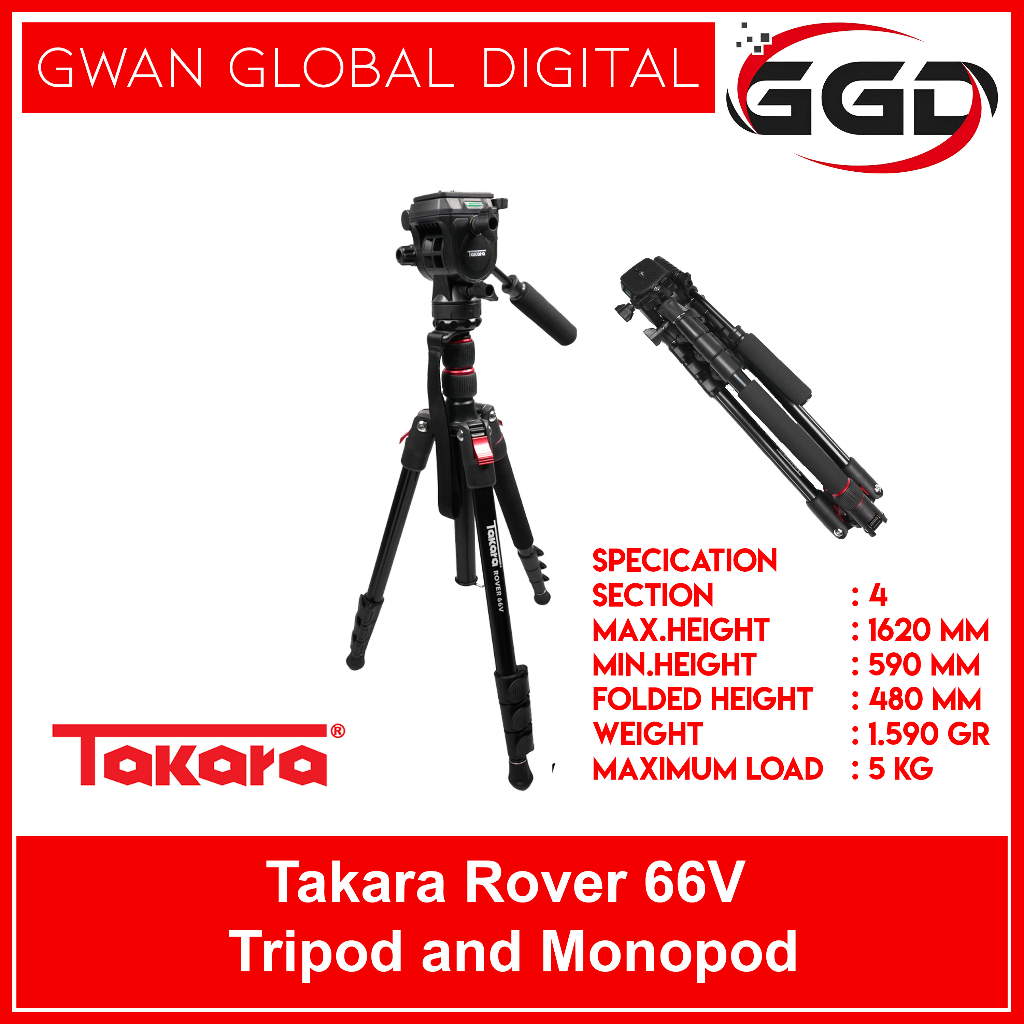 Jual Takara Rover 66V Fluid Head Compact 2 in 1 Traveller Tripod Monopod Kit | Shopee Indonesia