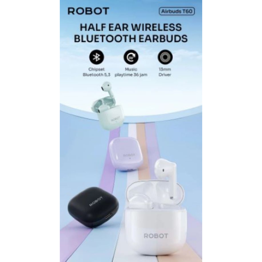 Jual ROBOT T60 Earphone Bluetooth 5.3 Half Ear Wireless Headset 13mm ...