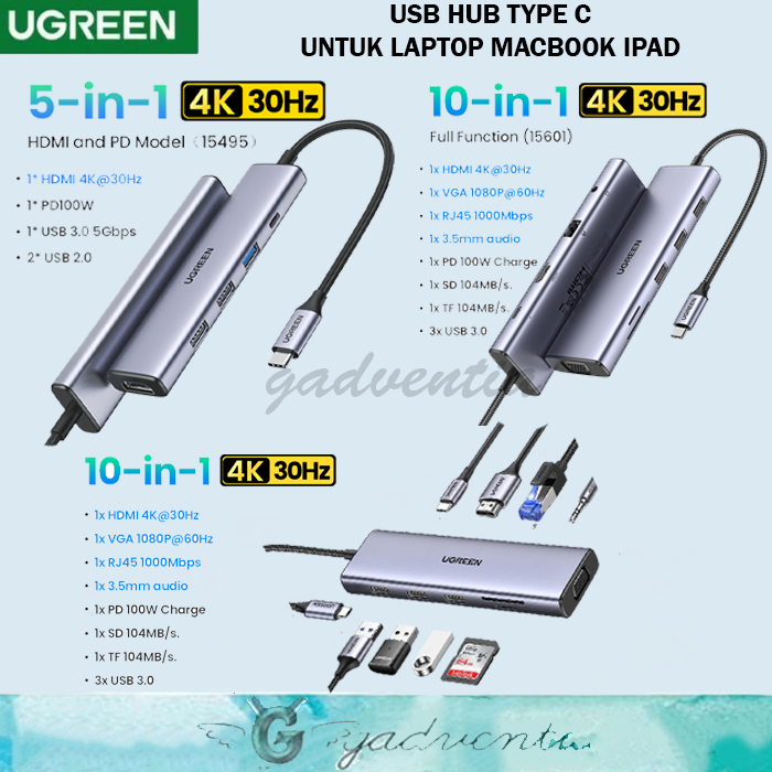 Jual Ugreen Adapter Hub 7IN1 Usb Type C To Hdmi 4K Usb 3.0 Sd Card Pd ...