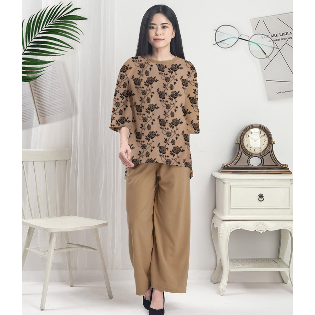Jual RILLO - Baju Setelan Celana Wanita Motif Rose Flower | Shopee ...