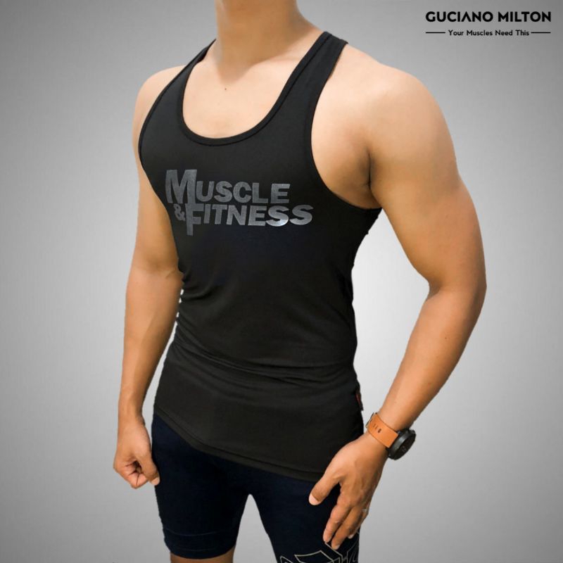Jual Singlet Gym MUSCLE & FITNESS Lycra Bodyfit Olahraga Pria Plain ...