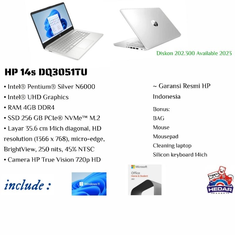 Jual HP 14S DQ3051TU Intel Pentium Silver N6000 4GB 256GB W11 OHS HD ...