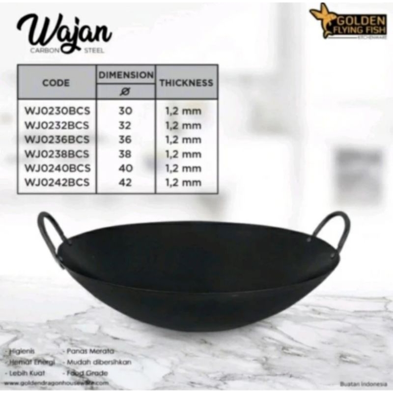 Jual Wajan Kuali Hitam CARBON Steel Anti Lengket Golden Flying Fish ...
