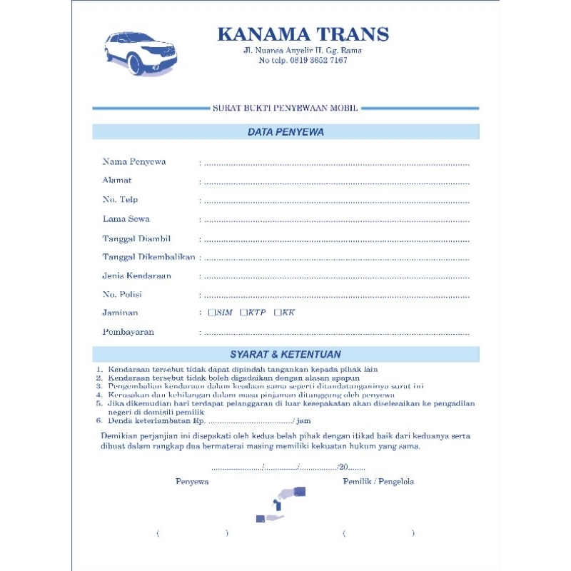 Jual Nota Custom/Nota Rental Mobil/Nota Mobil/Nota Sewa/Nota | Shopee ...