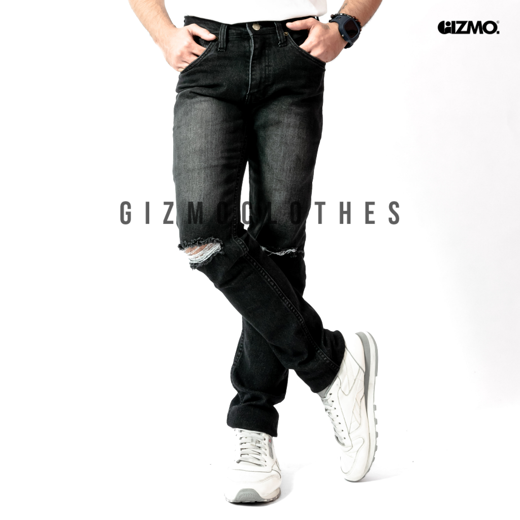 Jual Gizmo - Celana Sobek Pria Black Jazz Ripped Jeans Robek Lutut Soft ...