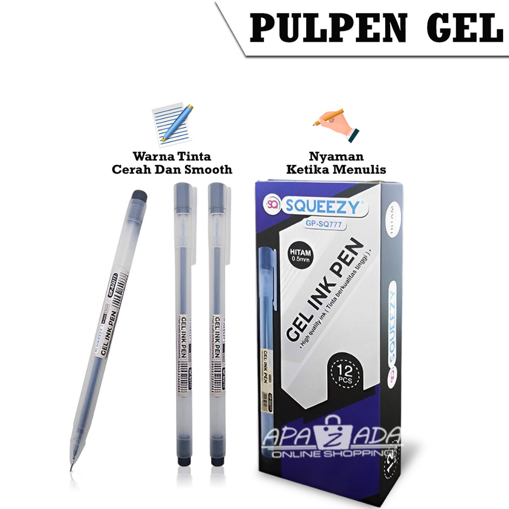 Jual Apazada - Gel Pen / Pulpen Gel 0.5mm Tinta Hitam Isi 12 Pcs / Pena ...