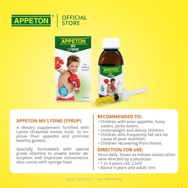 Jual Appeton Lysine - Malaysia | Syrup dan Tablet | Meningkatkan Nafsu ...