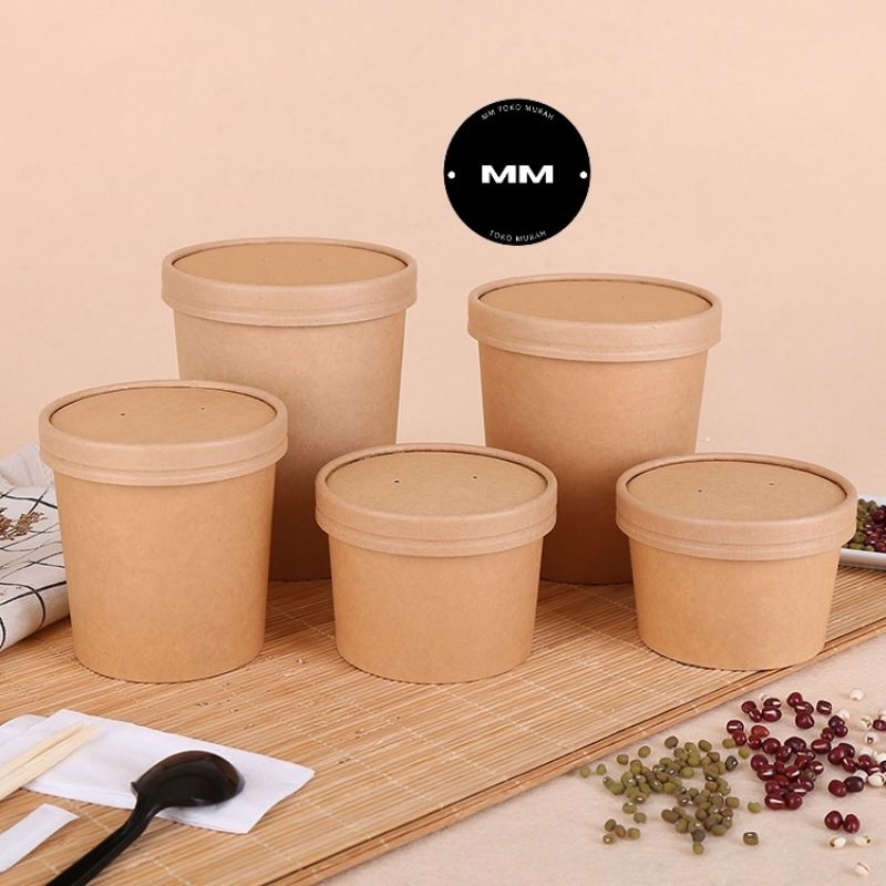 Jual 10pcs brown paper bowl + TUTUP paper cup dessert sup paper cup ...