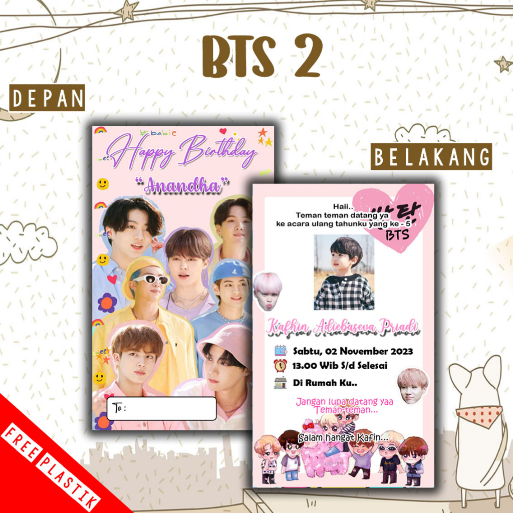 Jual Undangan Karakter BTS 2 (30 PCS / 50 PCS) / Undangan ulang tahun ...