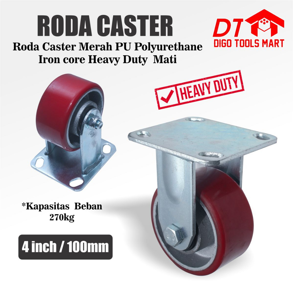 Jual Roda Caster Merah 4inci PU Polyurethane Iron core Heavy Duty Mati ...