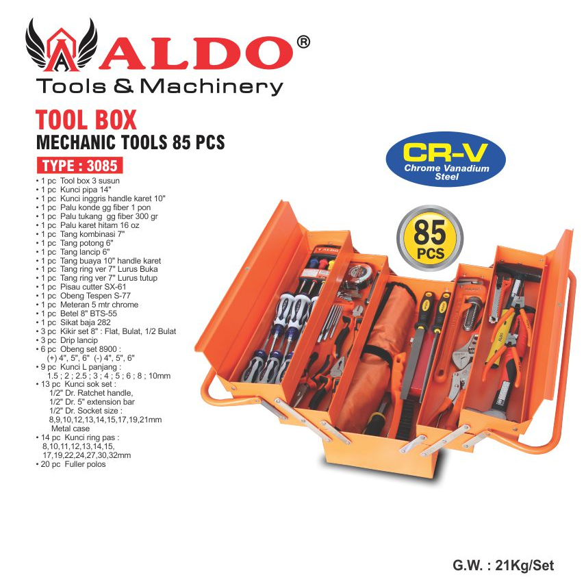 Jual TOOL BOX MECHANIC TOOLS 85 PCS 3085 / KUNCI PERKAKAS /KUNCI MEKANIK SET MERK ALDO | Shopee ...