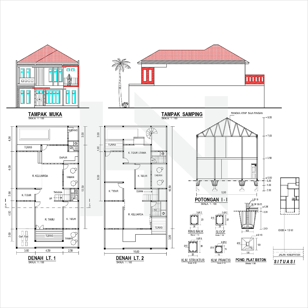 Jual Paket Tukang Murah Denah Bangunan Tampak 4 sisi Depan Belakang Kiri Kanan Tampak Potongan ...