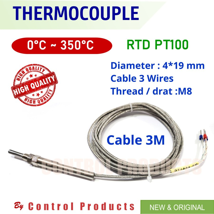 Jual Sensor suhu Thermocouple RTD PT100 Kabel 3M Drat M8 Uk.4x19mm 3 ...