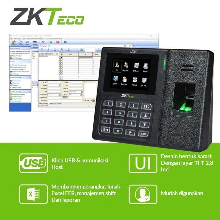 Jual Mesin Absensi ZKTeco LX14 Fingerprint LX-14 Sidik Jari LX 14 USB Setara LX50 LX-50 LX 50 ...