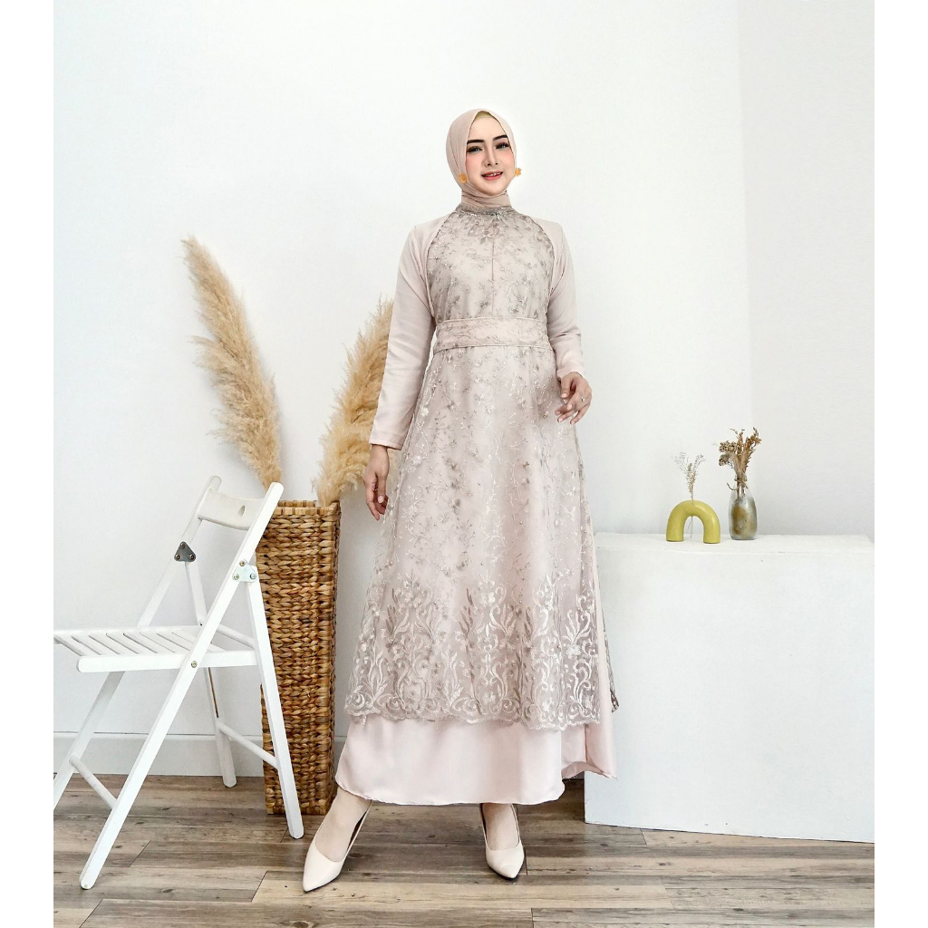Jual (Realpict) 2IN1 THALITA DRESS INNER + OUTER BRUKAT TILLE PREMIUM / FREE BELT / SET GAMIS ...