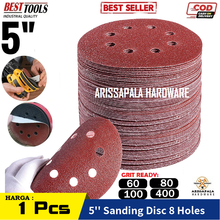 Jual Amplas Bulat Velcro 5 inch 8 Lubang Tempel Sanding Disc Mata ...
