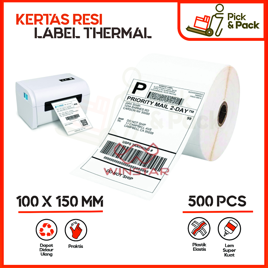 Jual LABEL STICKER THERMAL 100 X 150 isi 500 pcs / BARCODE 100X150 UKURAN A6 / Kertas Resi ...