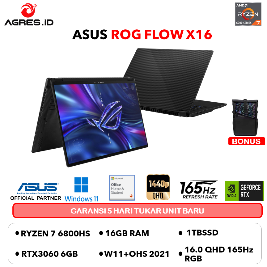 Jual ASUS ROG FLOW X16 TOUCH GV601RM RYZEN 7 6800HS RTX3060 6GB/ 16GB ...