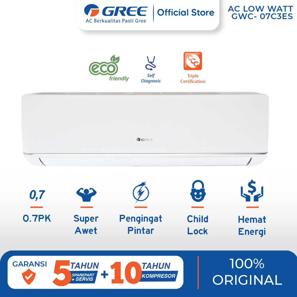 Jual GREE AC DELUXE LOW WATT - PUTIH 0.7PK - GWC-07C3E(S) (Unit Indoor ...