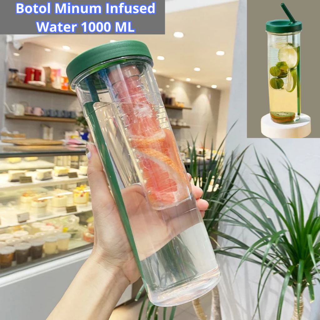 Jual Botol Minum 1 Liter Transparan Infused Water Dengan Sedotan Tekuk ...