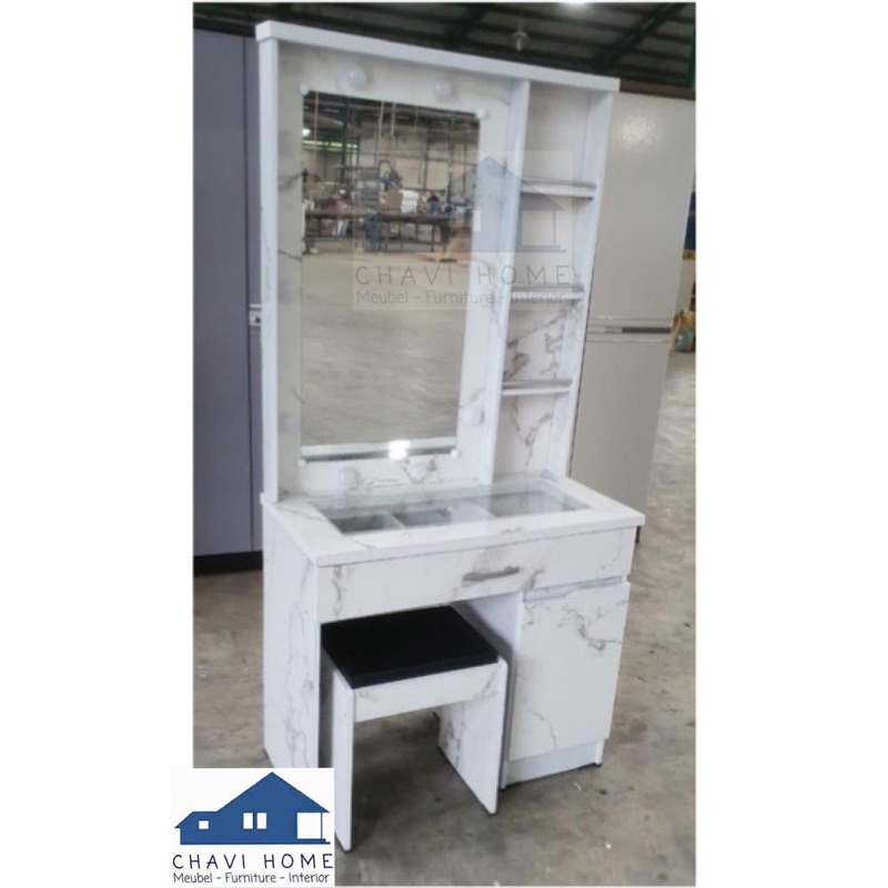 Jual set meja rias kaca dengan lampu dan kursi stool dengan laci sekat ...