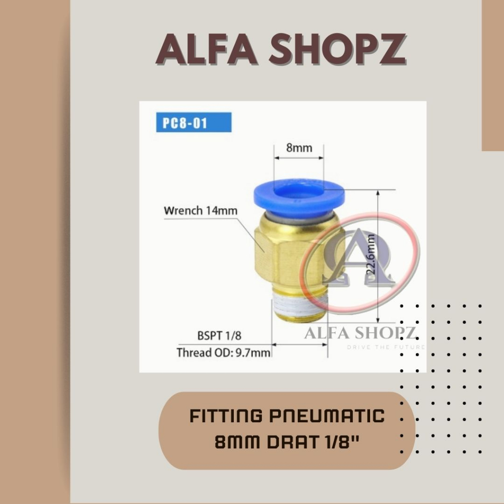 Jual FITTING LURUS PNEUMATIC SELANG 8MM DRAT 1/8" Tubing Connector PC8 ...