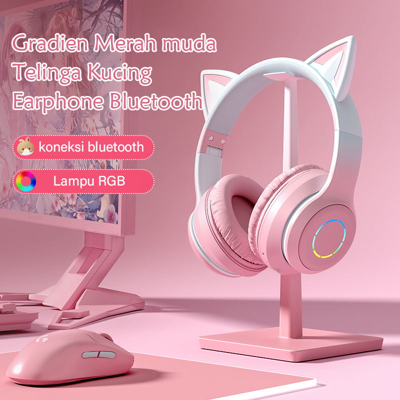 Jual Headphone headset wireless bluetooth Mikropon telinga kucing merah ...