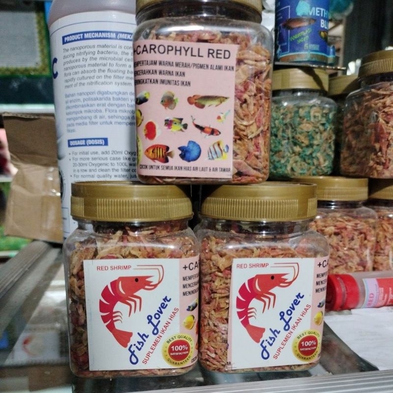 Jual udang kering 50gr pakan ikan predator udang warna red blue yellow ...