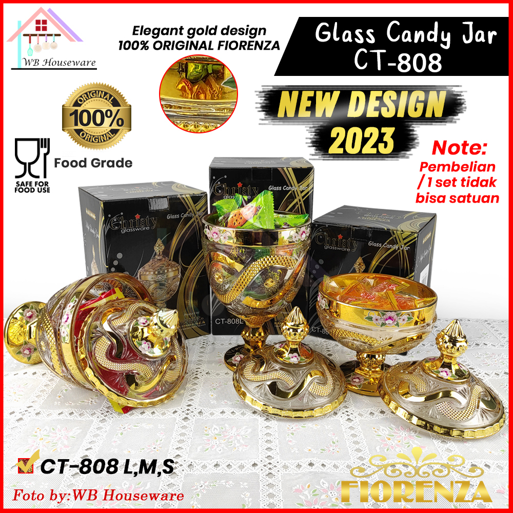Jual FIORENZA toples kaca set 3 tempat permen snack motif gold crystal ...