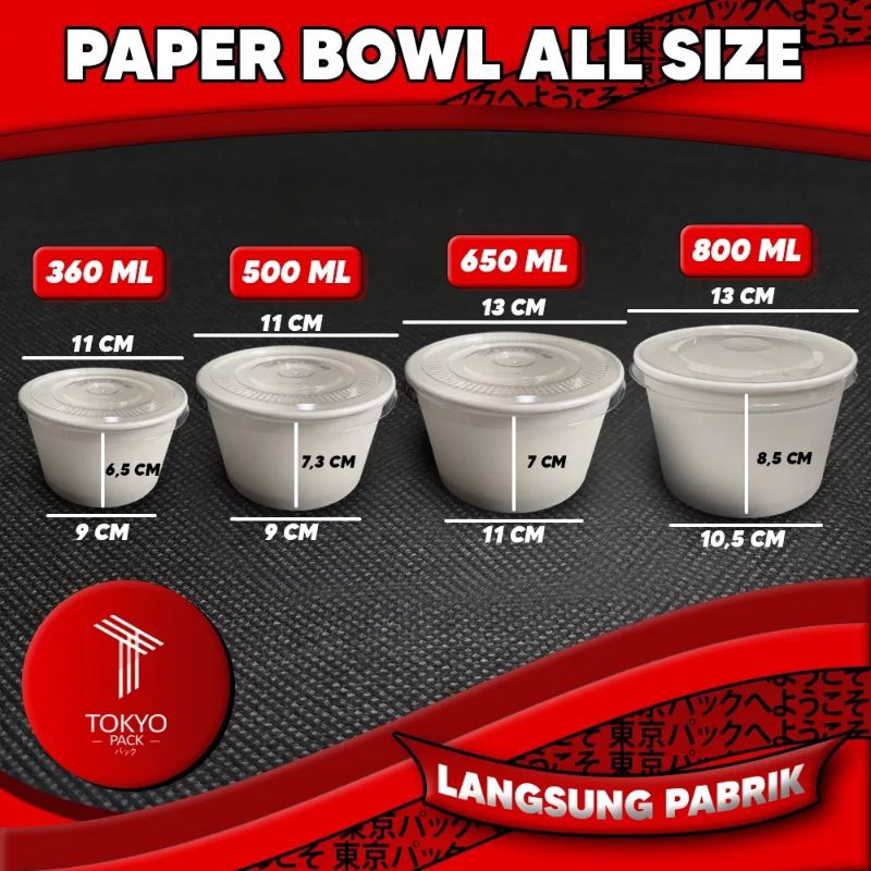 Jual Paper Bowl Tebal (Termasuk Tutup) Ukuran 360ml, 500ml, 650ml ...