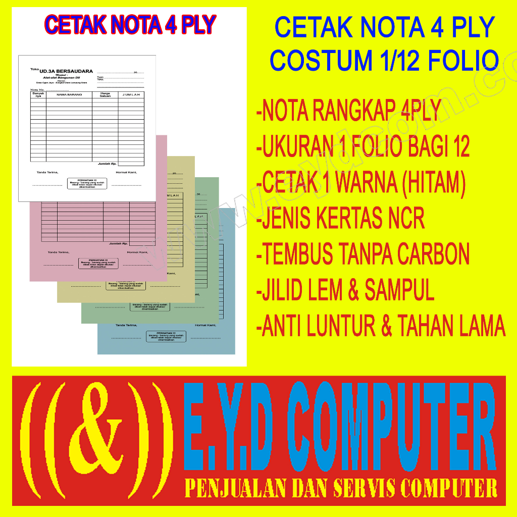 Jual CETAK NOTA 4 PLY 1 FOLIO BAGI 12 KERTAS NCR COSTUM ISI RANGKAP CEK ...