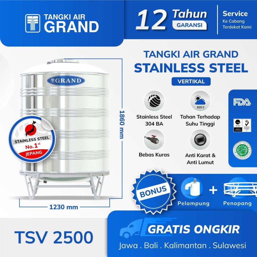 Jual TANDON AIR STAINLESS 2000 LITER TSV2500 GRAND TEDMOND TANGKI HALAL ...