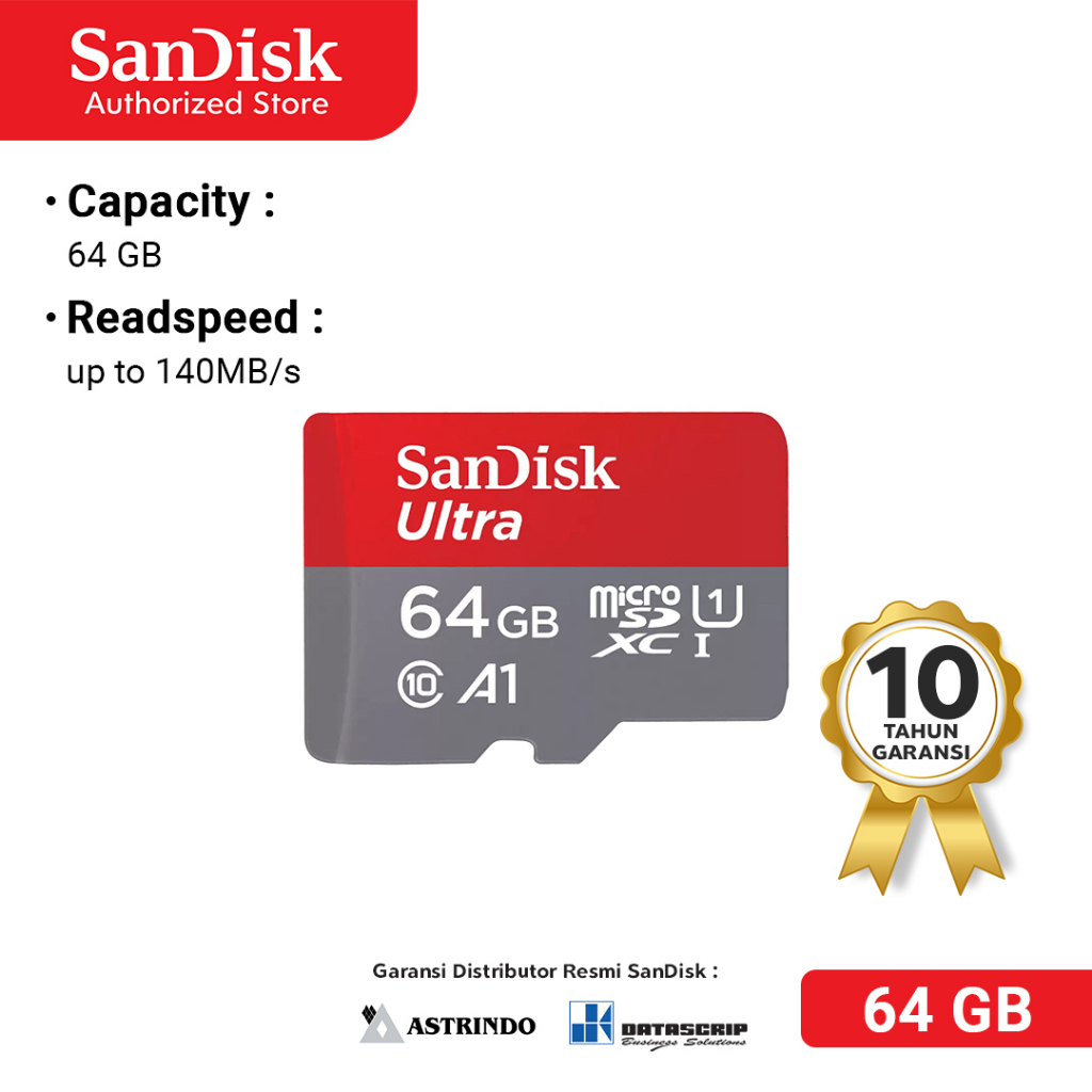 Jual Memory Card | Micro SD 64GB SanDisk Ultra A1 up to 140Mbps Class 10 - Garansi Resmi 10 ...