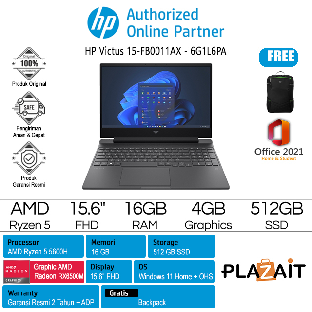 Jual HP Laptop Victus 15-fb0011AX /AMD Ryzen 5-5600H/16GB/512GB SSD/Radeon RX6500M 4GB Graphics ...