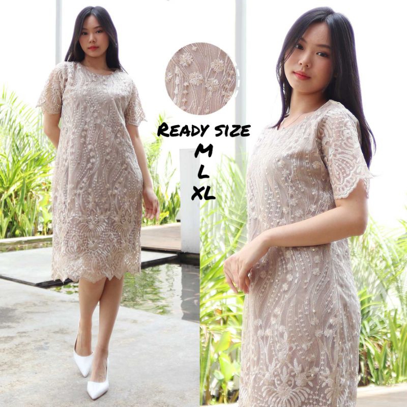 Jual Dress Brukat Tile Mutiara Bunga Dress Pesta Brukat Premium Lengan ...