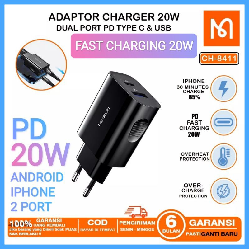 Jual Mcdodo Charger Adaptor 20W Fast charging 2 Port USB dan Type C PD ...