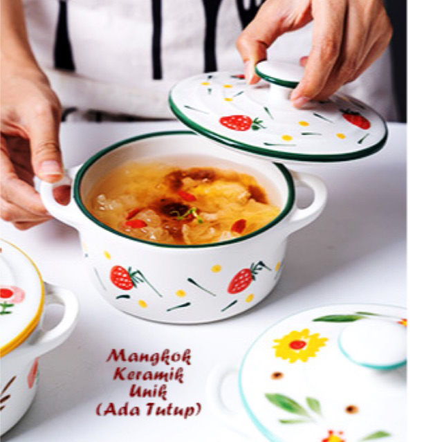 Jual ADA TUTUPNYA Mangkok Unik Motif Bunga Strawberry Bisa Masuk Oven ...
