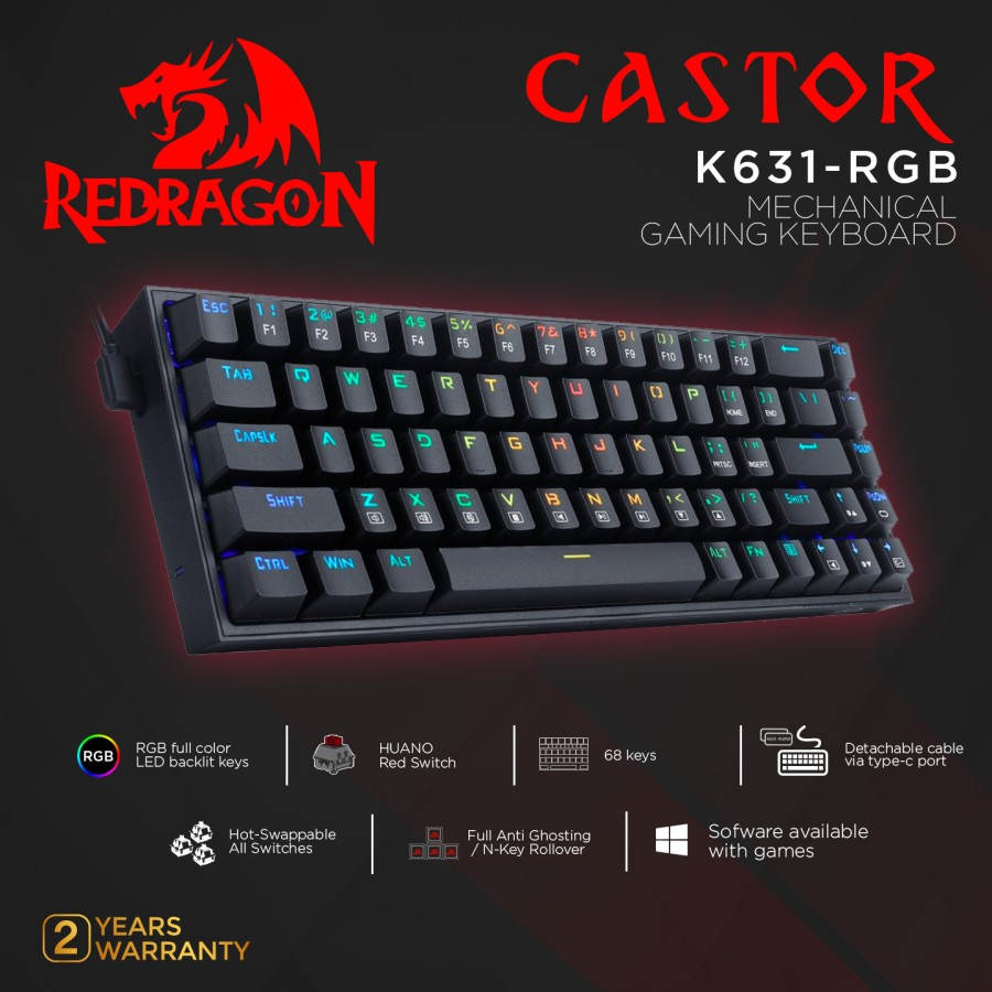 Jual Redragon Universal Mech Gaming Keyboard 68 Keys RGB CASTOR - K631-RGB | Shopee Indonesia