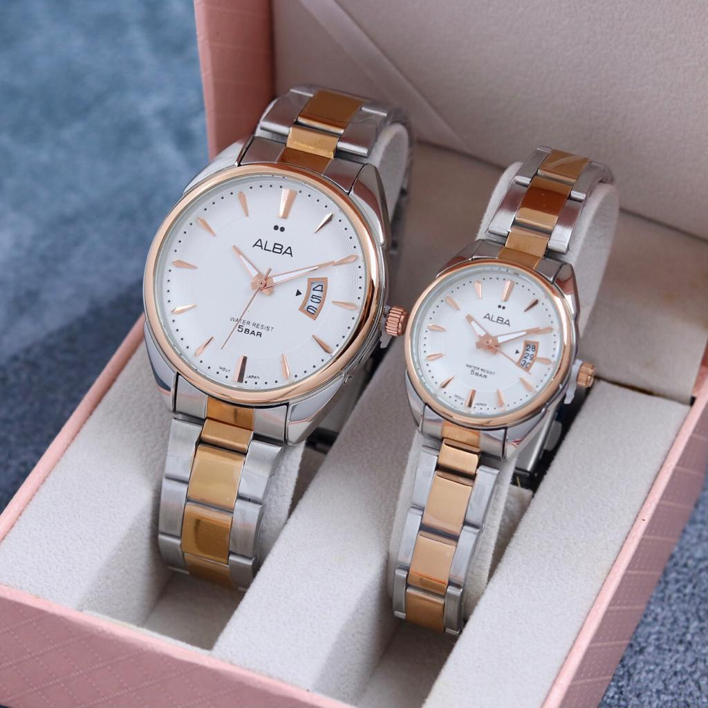 Jual COD Jam Tangan Couple Alba-Pw Tali Rantai Body Bulat Tanggal Aktif ...