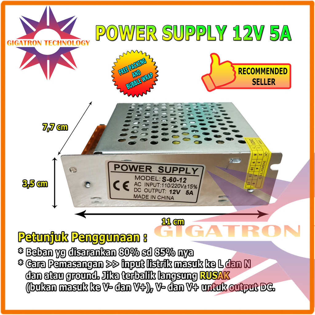 Jual Power Supply Adaptor Switching 12V 5A Body Jaring Trafo Power Supply PSU 12 Volt 5 Ampere ...