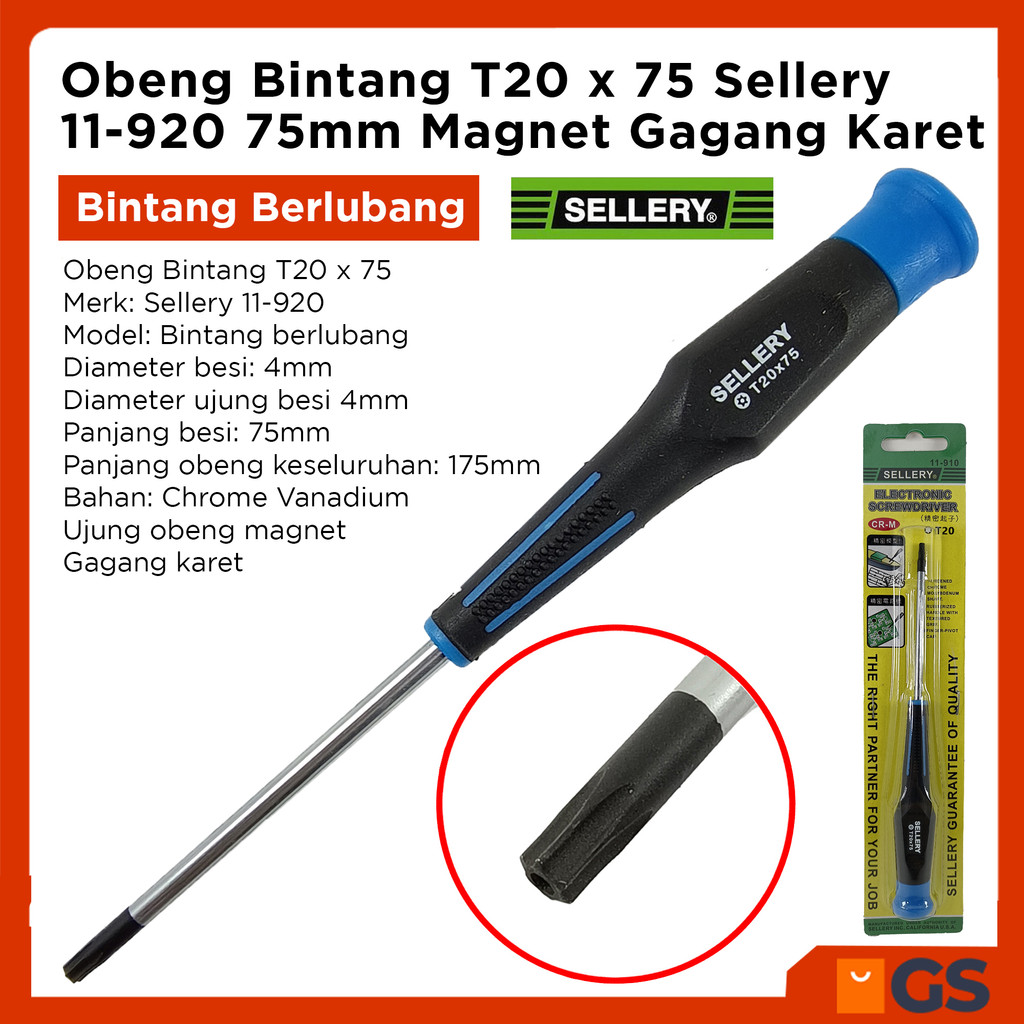 Jual Obeng Bintang T20 x 75 Sellery 11-920 Star Lubang Panjang Besi ...